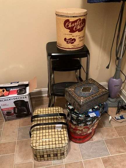 Vintage kitchen step stool, decorative and advertising tins - Hurley ...