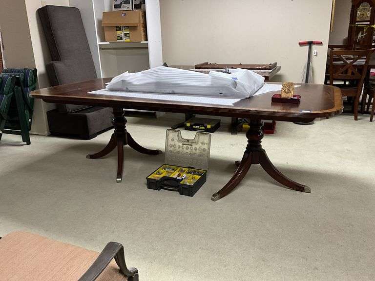 Mahogany finish twin pedestal extension dining table w/ leaf, cross ...