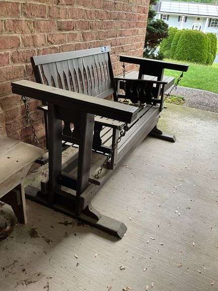 Wooden porch glider and side table, glider 59in long, table 24x24x19 ...