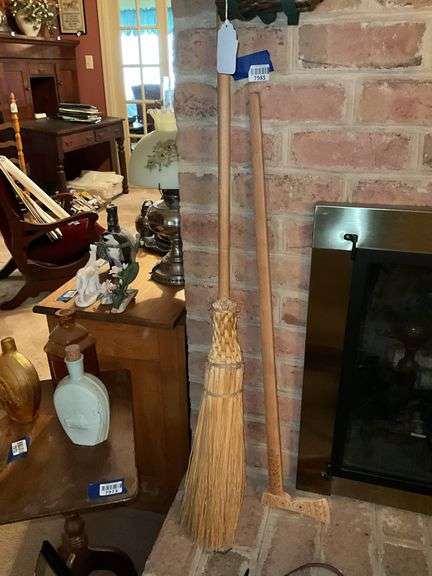 Hearth broom and pyrography decorated wooden axe - Hurley Real Estate & Auctions