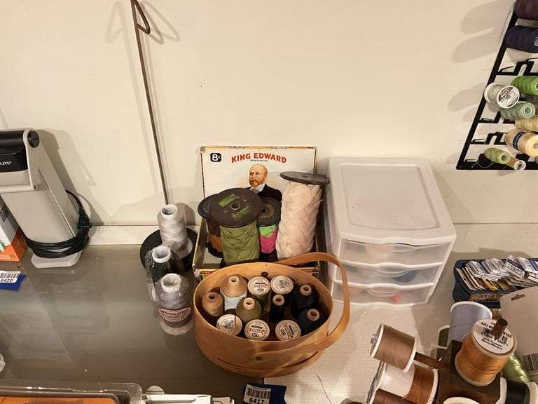 Oval wooden shaker box, thread stand, thread and trims, plastic drawer ...