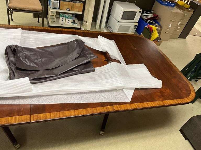 Mahogany finish twin pedestal extension dining table w/ leaf, cross ...