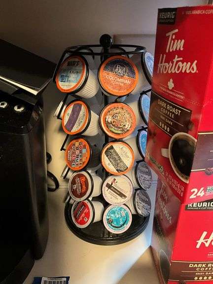 Keurig machine, coffee pods, pod rack - Hurley Real Estate & Auctions