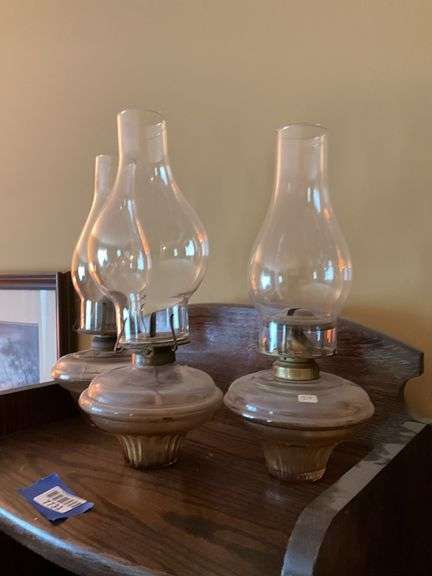 Three antique glass oil lamp fonts w/ burners and chimneys - by the pc ...