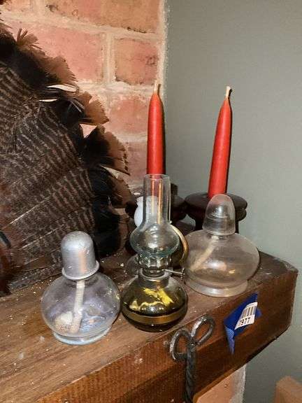 Two miniature oil lamps, two alcohol lamps, pair candleholders w ...