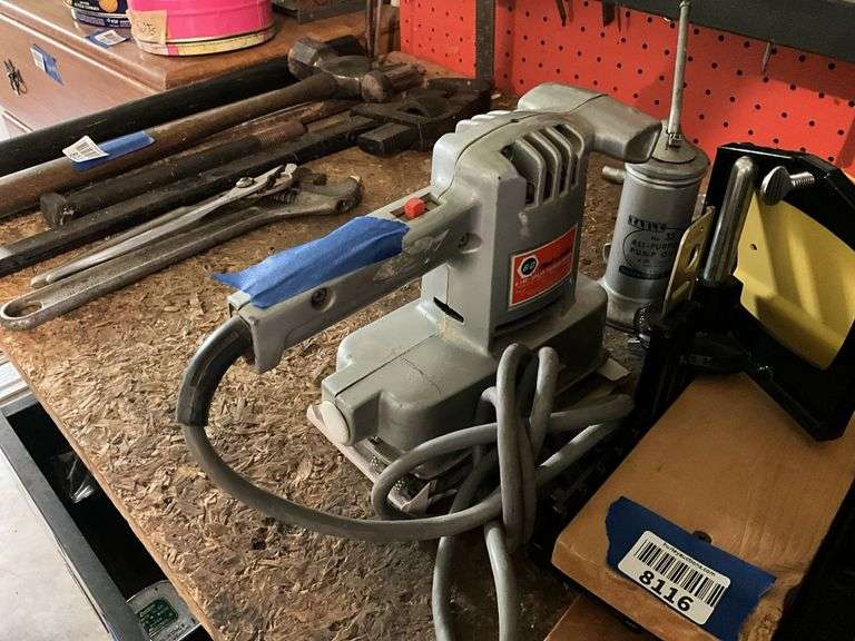 Tools including: miter box, corded sander, plane, tire gauge,chargers ...