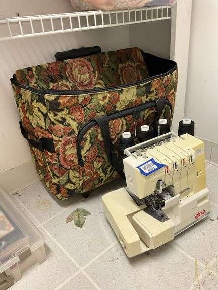 Elna Lock 34D serger sewing machine, tapestry bag - Hurley Real Estate ...