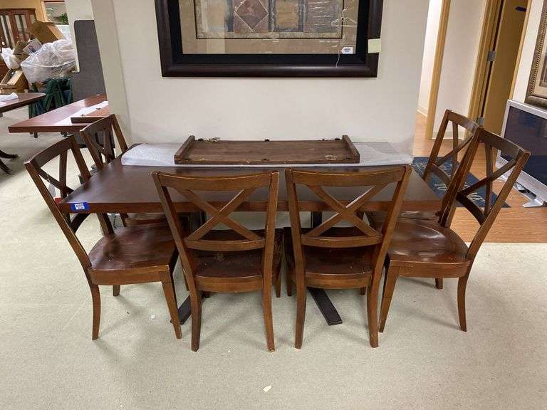 Twin pedestal extension dining table w/ leaf, and set of six chairs - chairs show some wear 65 ...