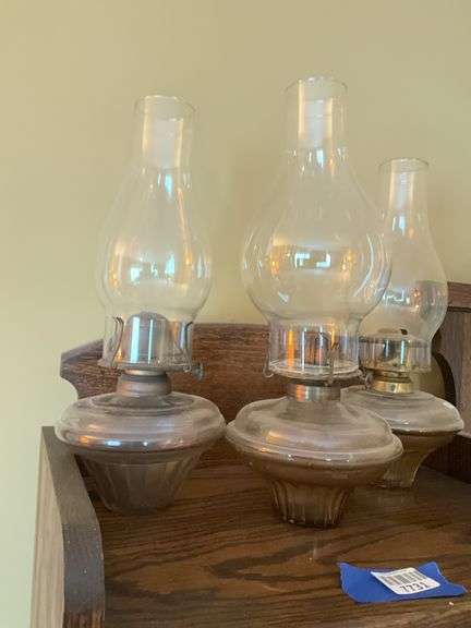 Three antique glass oil lamp fonts w/ burners and chimneys - by the pc ...