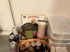 Oval wooden shaker box, thread stand, thread and trims, plastic drawer ...