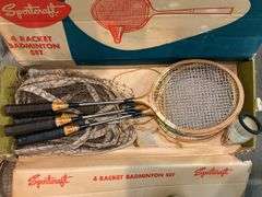 Spalding Lakeside wooden tennis racket, badminton set - Hurley Real ...