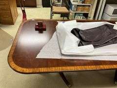 Mahogany finish twin pedestal extension dining table w/ leaf, cross ...