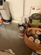 Oval wooden shaker box, thread stand, thread and trims, plastic drawer ...