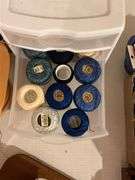 Oval wooden shaker box, thread stand, thread and trims, plastic drawer ...