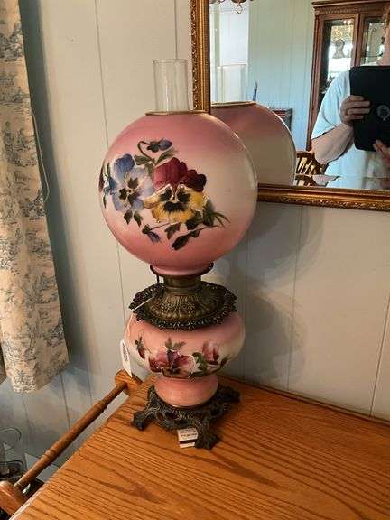 Parlor lamp w/ ball shade, pansy decor, electrified - Hurley Real ...