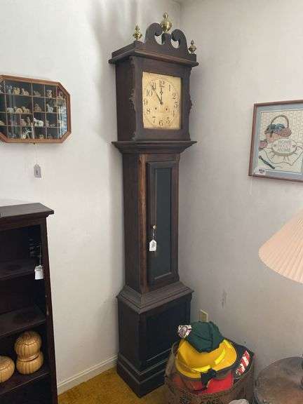 Ithaca tall case clock w/ sawn scroll pediment, brass finials, glazed ...