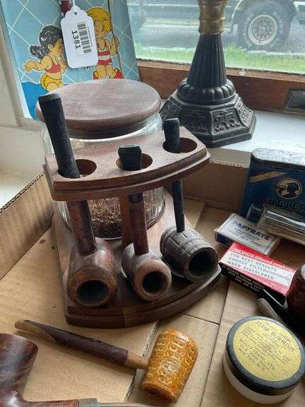 Vintage pipe rack/humidor, pipes, tobacco tin, pipe cleaners - Hurley ...