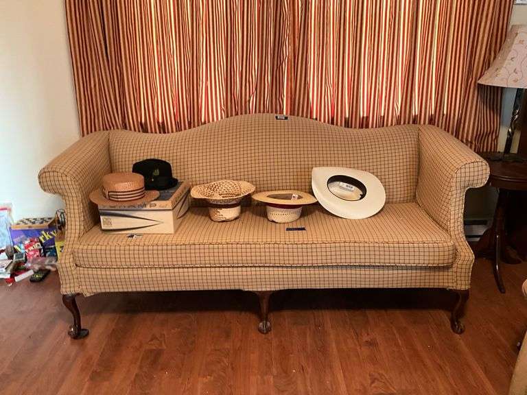 Camel back sofa in checkered upholstery w/ out scrolled arms, cabriole ...