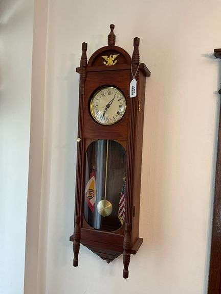 Regulator style wall clock w/ turned finials, small flags inside case ...