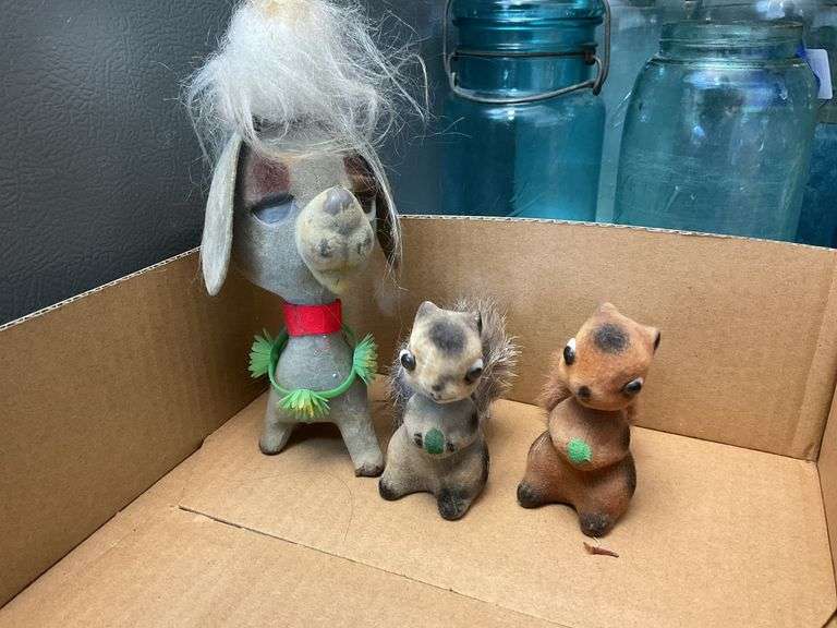 Vintage flocked and plush animals, wind-up bunny, rocking pig bank ...