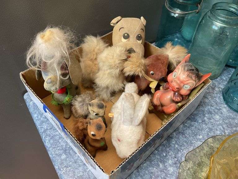 Vintage flocked and plush animals, wind-up bunny, rocking pig bank ...