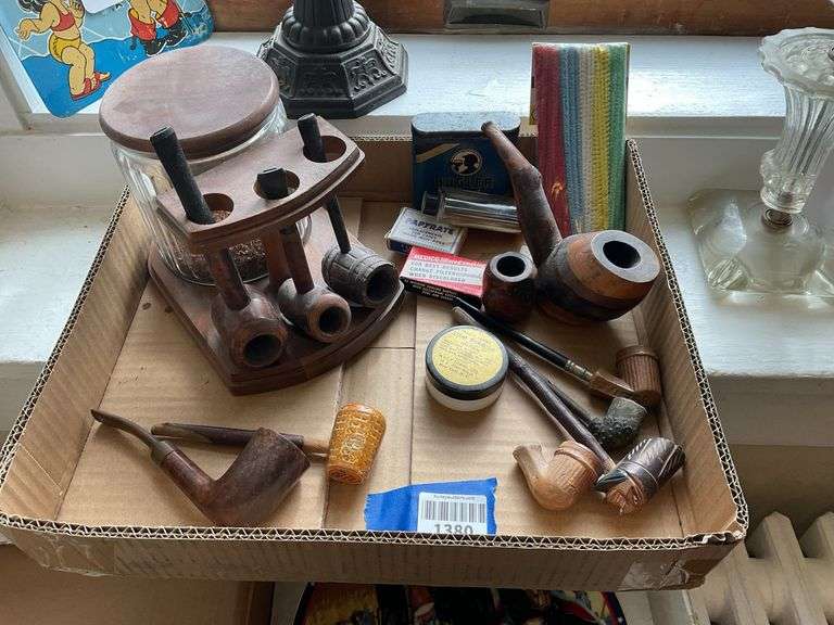 Vintage pipe rack/humidor, pipes, tobacco tin, pipe cleaners - Hurley ...