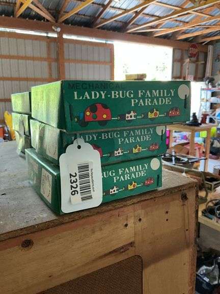 Three wind-up tin toy Lady Bug Parade toys in original boxes - Hurley ...