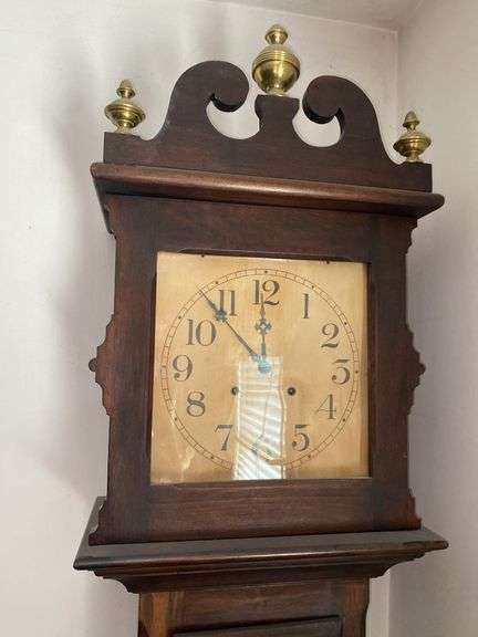 Ithaca tall case clock w/ sawn scroll pediment, brass finials, glazed ...
