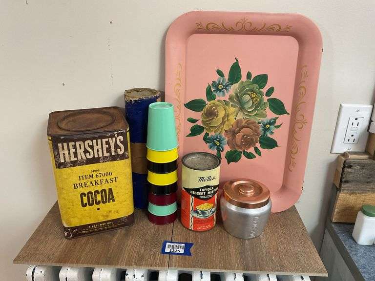 Pink tole tray, advertising containers, spun aluminum grease jar ...