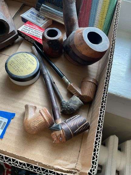 Vintage pipe rack/humidor, pipes, tobacco tin, pipe cleaners - Hurley ...