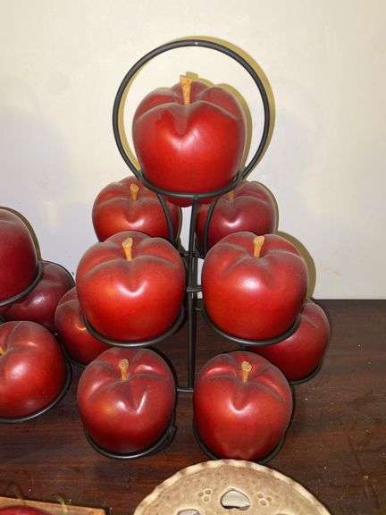 Apple decor items including: wooden apples on metal display stands ...