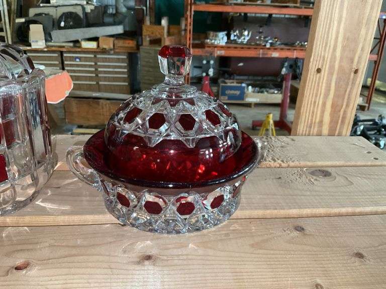 EAPG ruby flashed butter dish, sugar bowl, spooner and creamer - Hurley Real Estate & Auctions