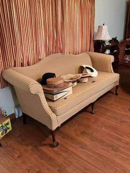 Camel back sofa in checkered upholstery w/ out scrolled arms, cabriole ...