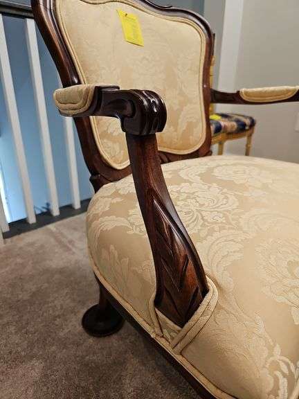 Rococo Revival open arm chair w/ carved frame, upholstered seat, back ...