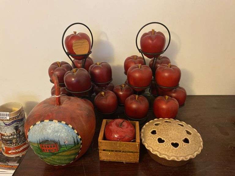 Apple decor items including: wooden apples on metal display stands ...