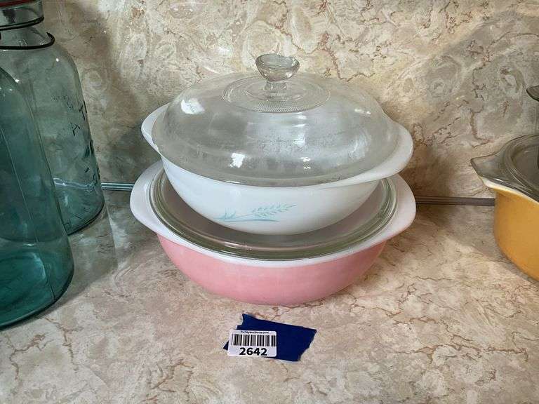 Two vintage Pyrex baking dishes w/ lids: Blue Wheat, and Pink - Hurley ...