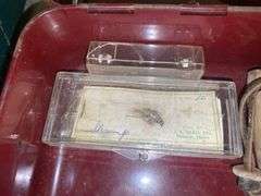 metal tackle box with fishing flies, line, and Oren-O-Matic fly reel ...