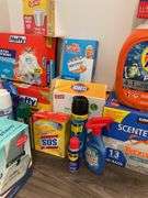 Trashcan bags, cleaning products, Raid, WD-40, ironing board, ORECK Dry ...