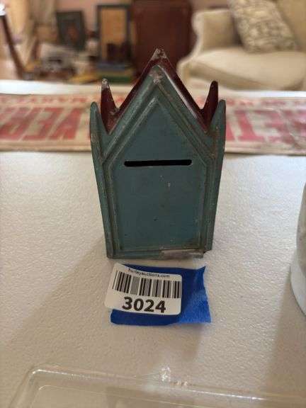 Tin Gothic tower coin bank - Hurley Real Estate & Auctions