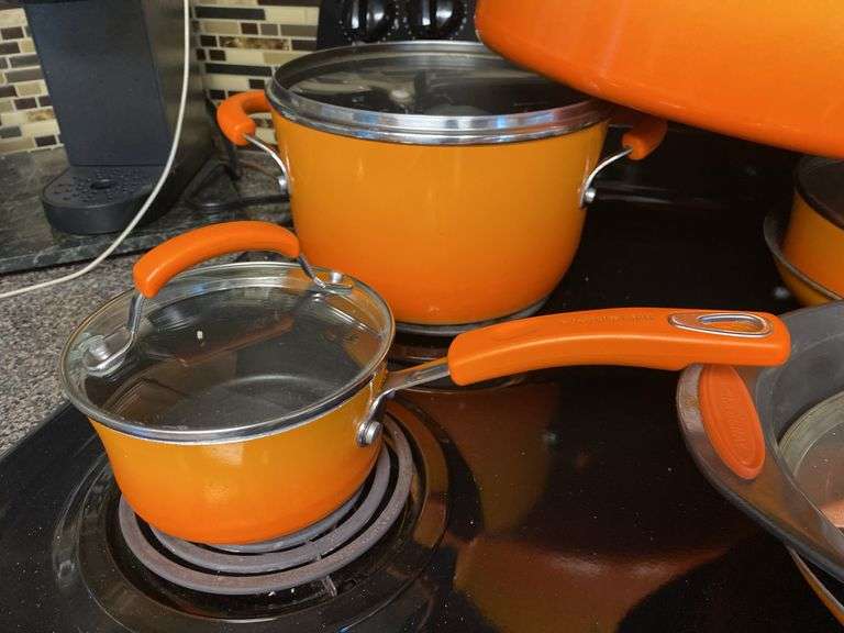 Rachel Ray Classic Brights orange ombre enamel cookware set w/ matching ...