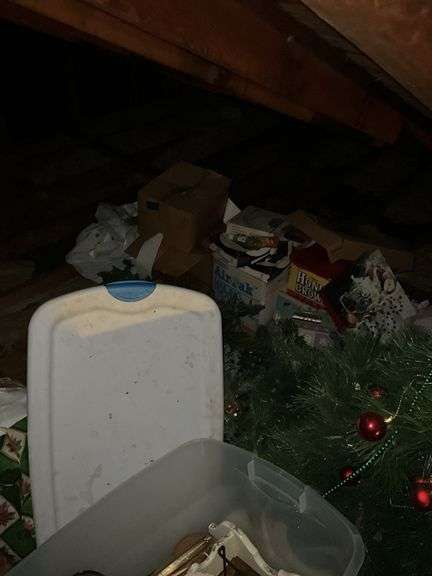 Large attic lot including: Christmas tree, totes, housewares, misc ...