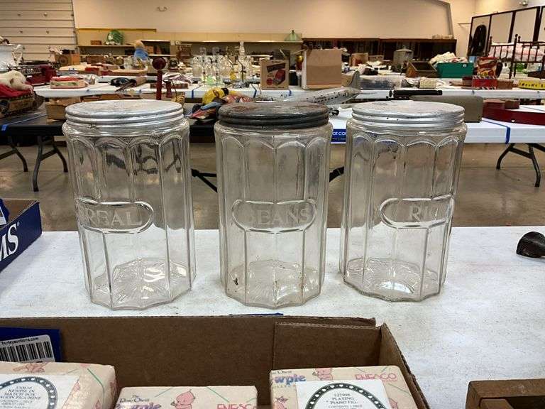 Three Hoosier style glass canister jars - Hurley Real Estate & Auctions