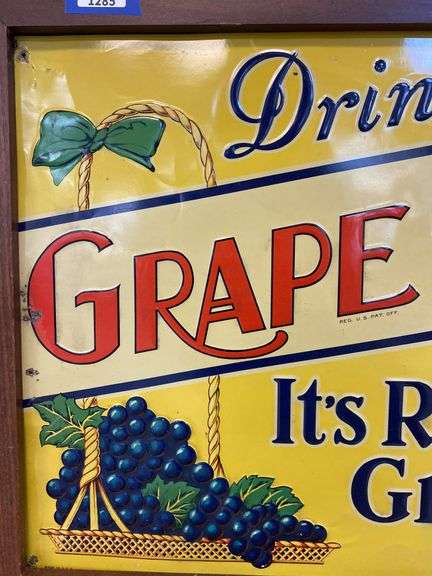 Embossed tin advertising sign: Drink GRAPE OLA, framed 30.75x23 ...