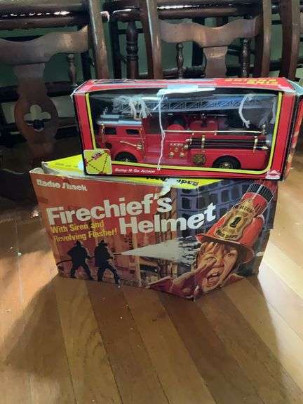 Radio Shack Firechief's Helmet in box, and battery op fire engine in ...