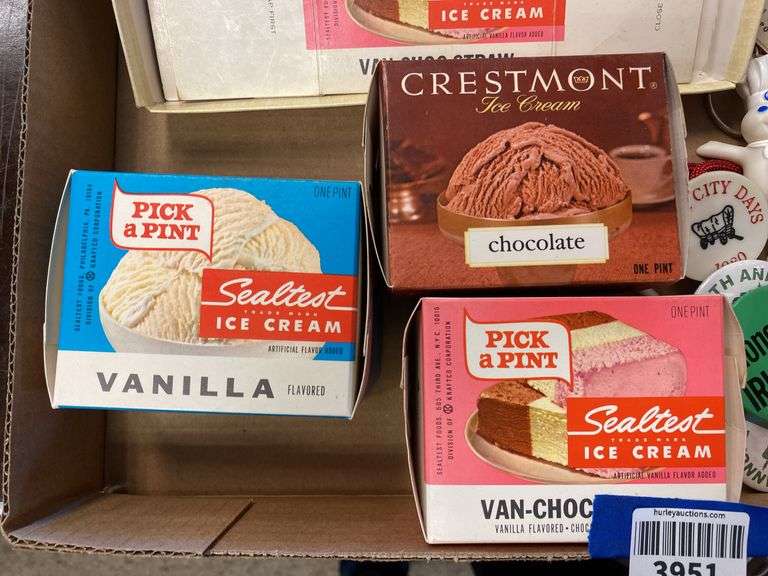 Vintage ice cream boxes and other advertising items, pinback buttons ...
