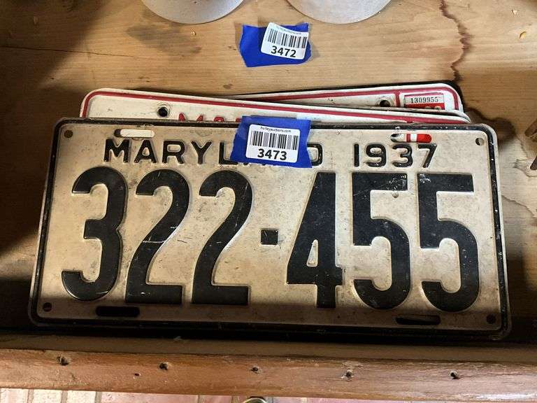 License plates including: VOB Saab, 1937 and other Maryland plates ...