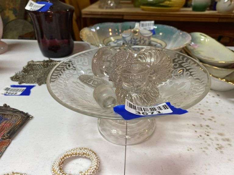 Engraved glass footed dish, and pressed glass knobs and stopper ...