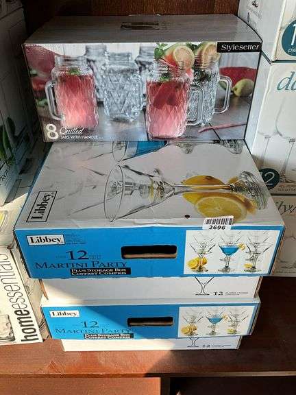 Jar mugs and two dozen martini glasses, in boxes - Hurley Real Estate ...