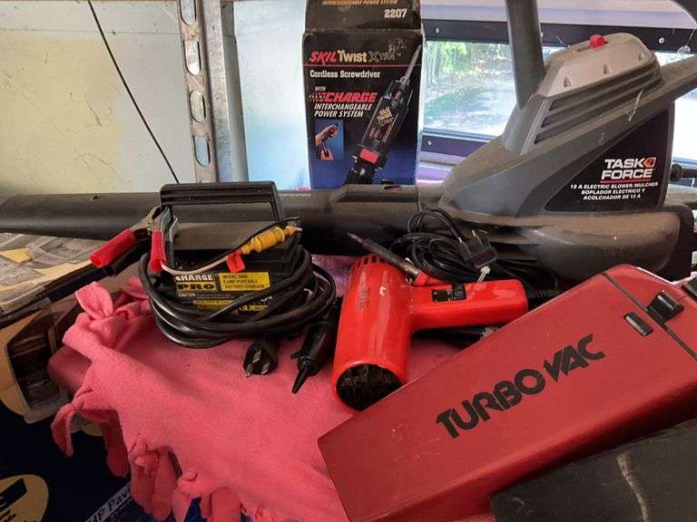Task Force blower/mulcher, hand vacs, portable battery charger ...