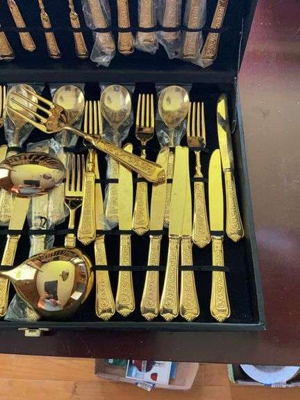 Gold tone flatware w/ storage chest service for 12 - Hurley Real Estate ...